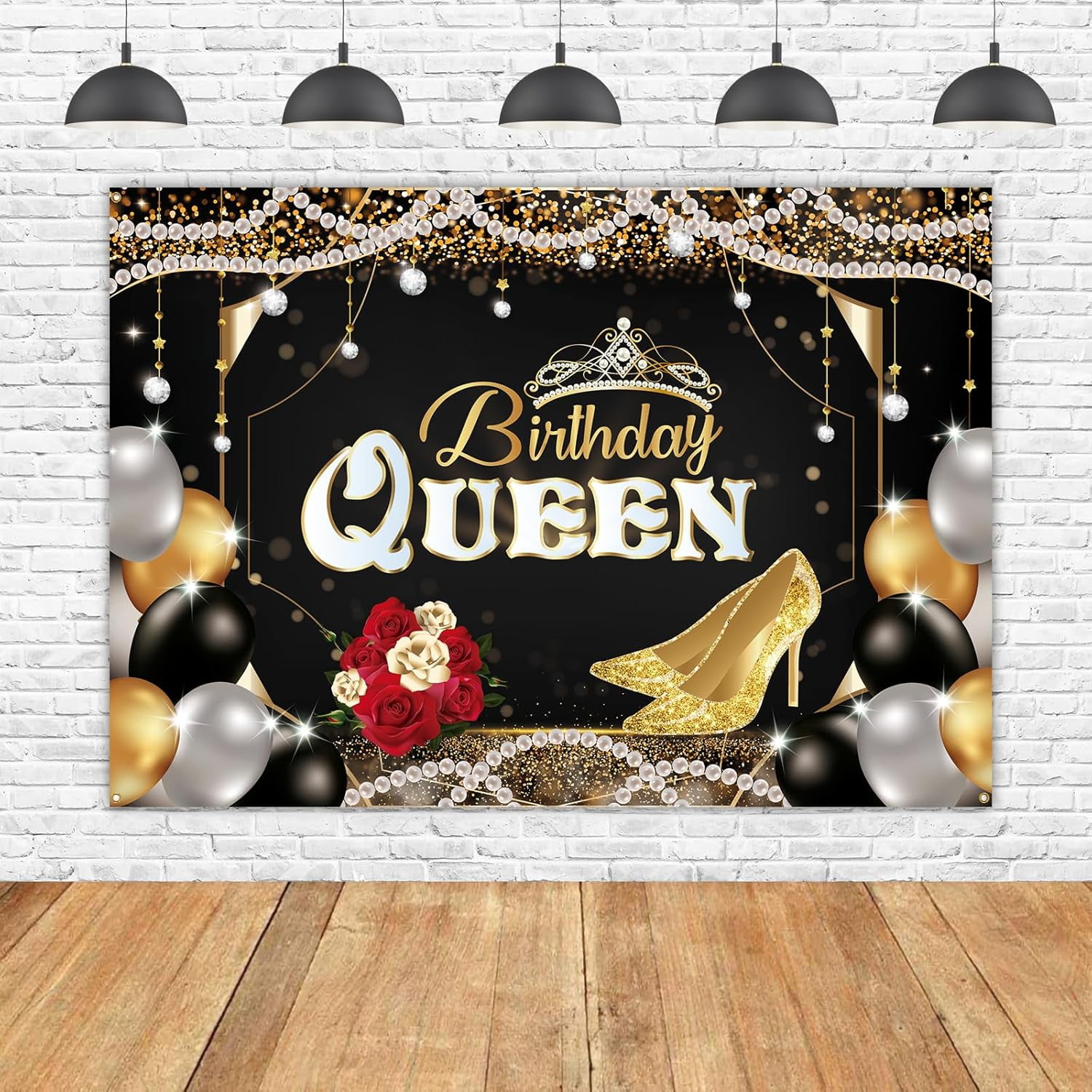Shiny Pearl Birthday Queen Backdrop Red Rose Diamond High Heels ...