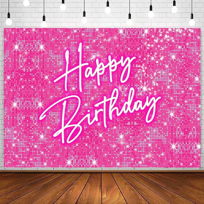 Shiny Pink Neon Happy Birthday Backdrop for Lady Girls Women Princess ...