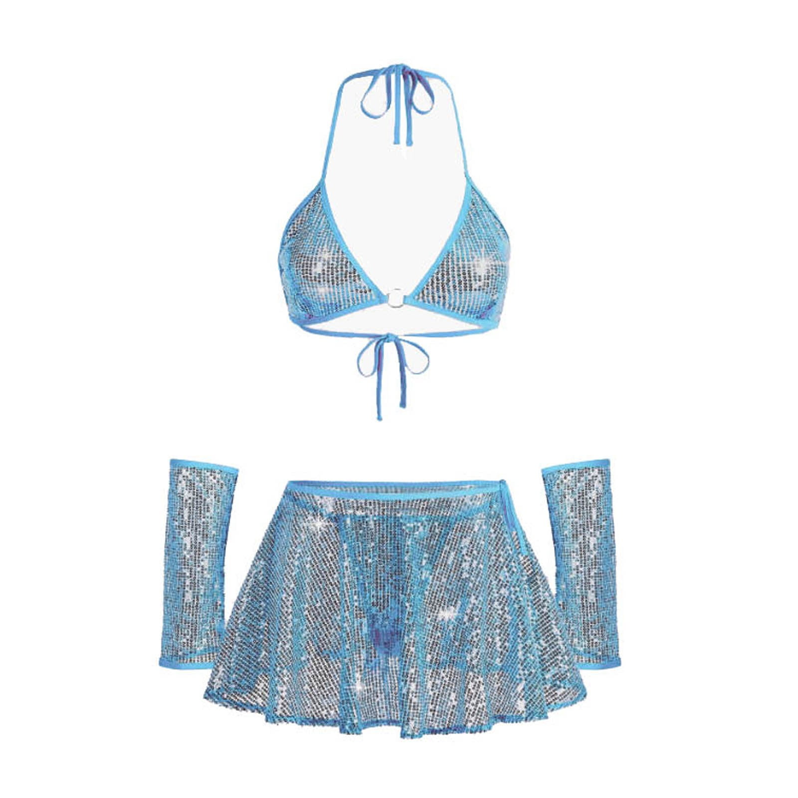 Women's Shiny Rave Outfits Bra Top Mini Skirt Glitter Sequin Music ...