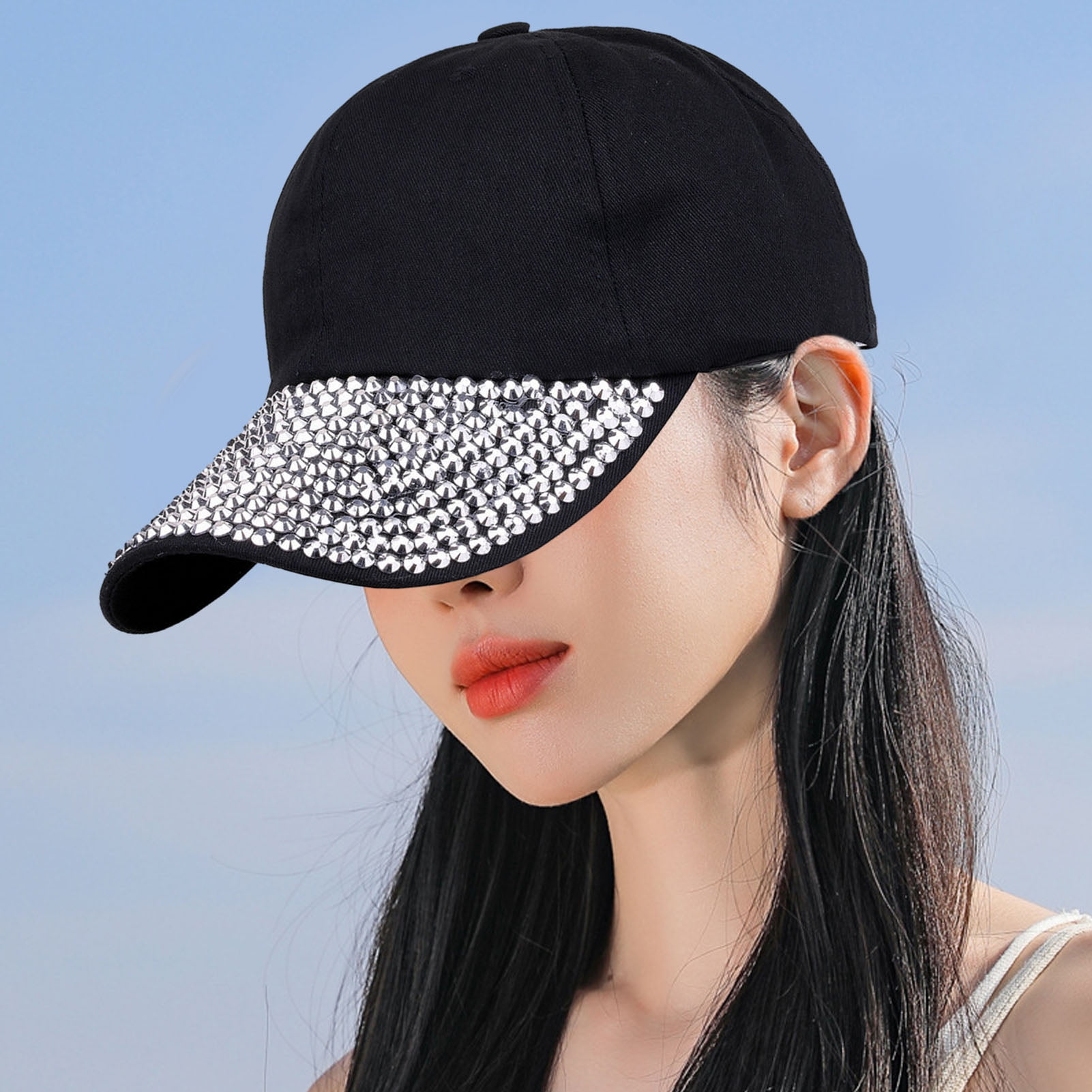 Shiny Rhinestone Brim Baseball Cap for Women Girls, Adjustable Hat ...