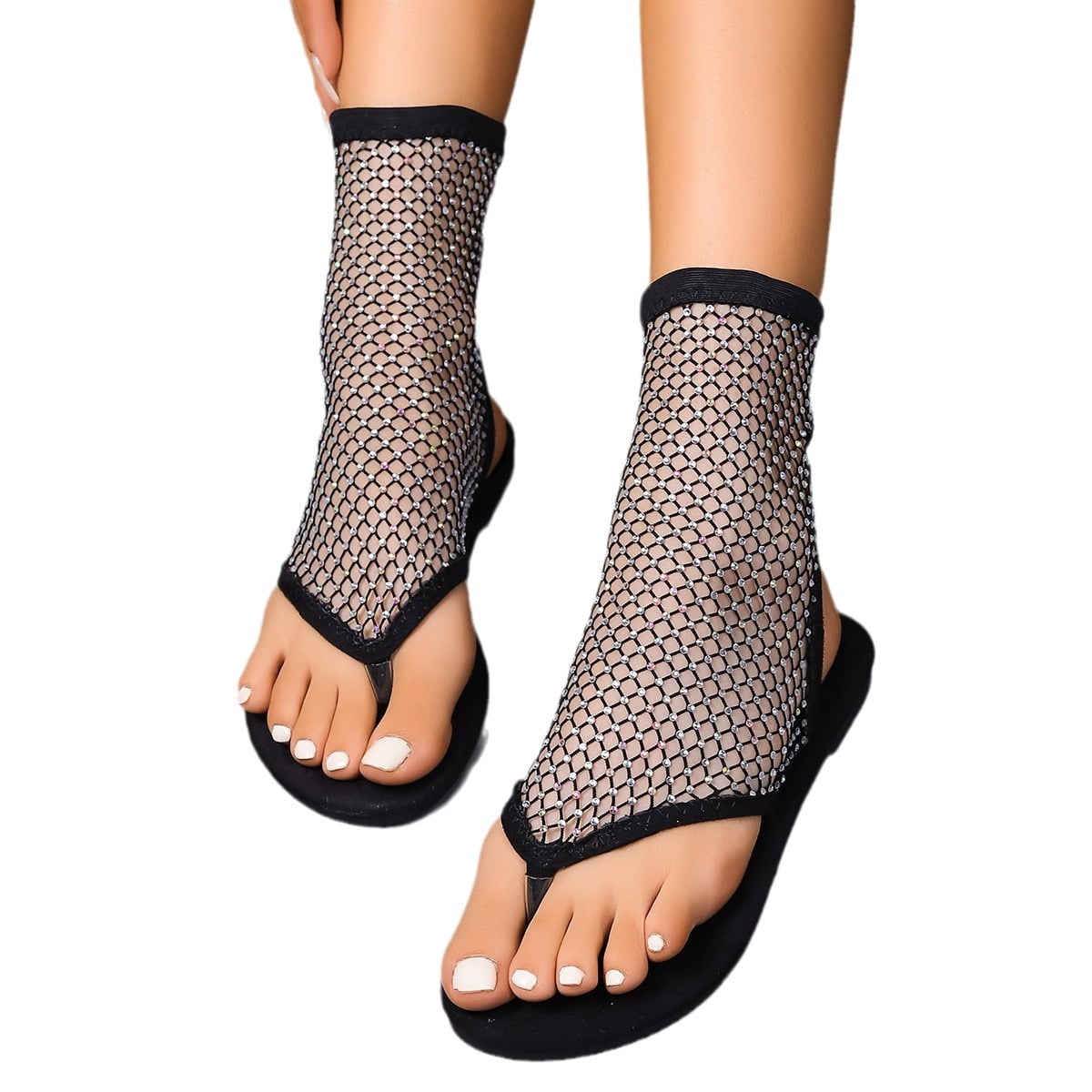 Shiny Rhinestone Mesh Flats, Bling Sandals for Women, Stretch Fishnet ...