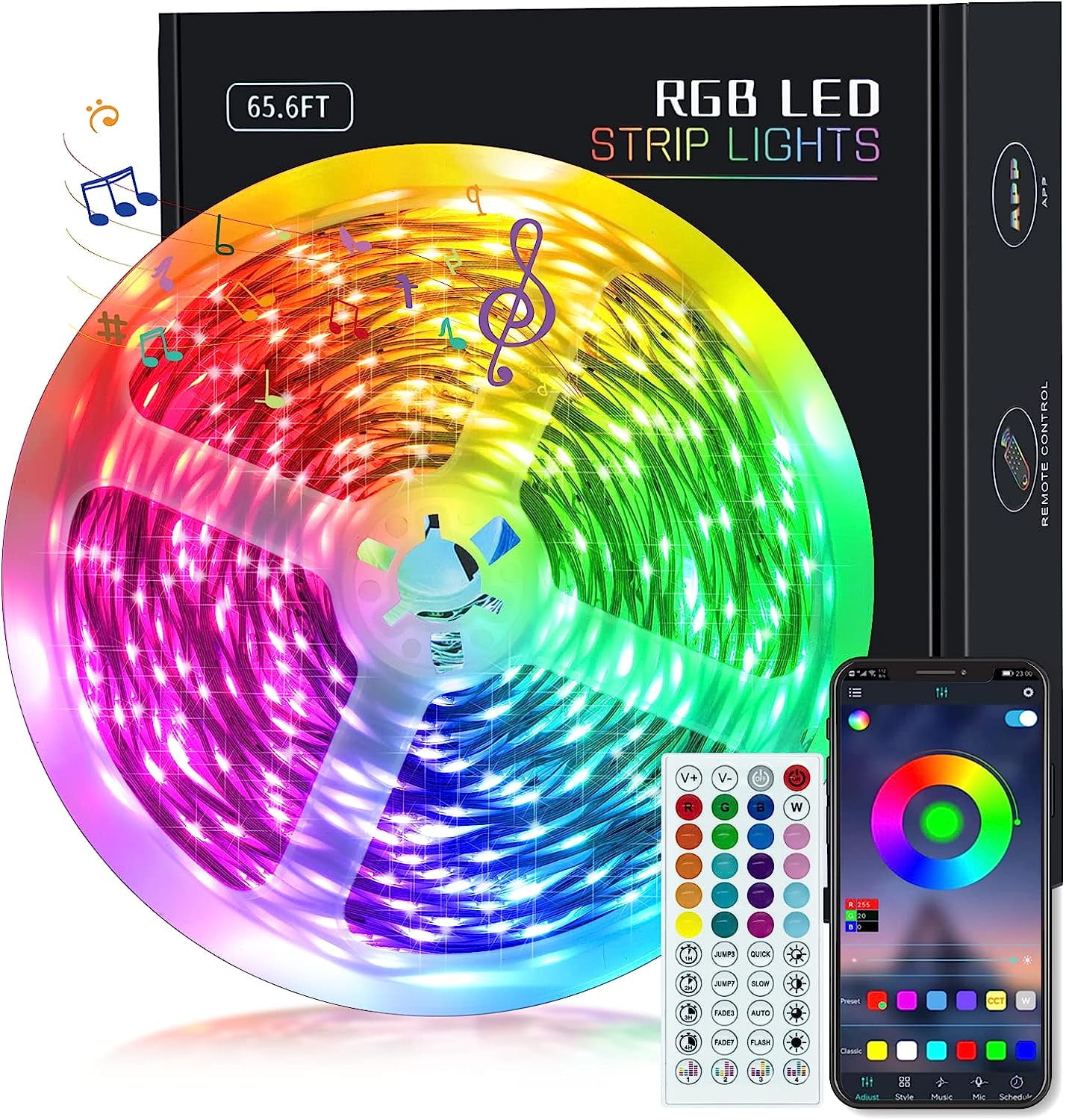 Shiny 5050 RGB LED Strip Lights, 65.6FT/20M/5V, Bluetooth, Sync Music ...