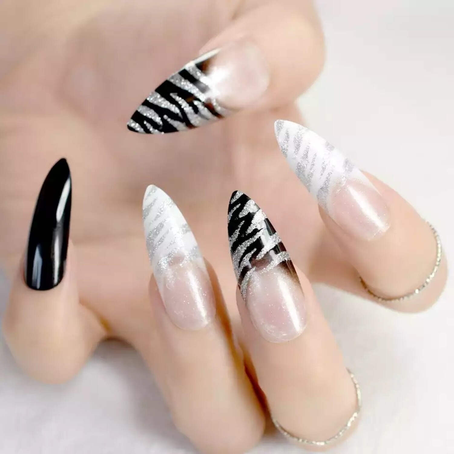 Shiny Zebra | Black, White Glitter French | Animal Print | Glossy ...