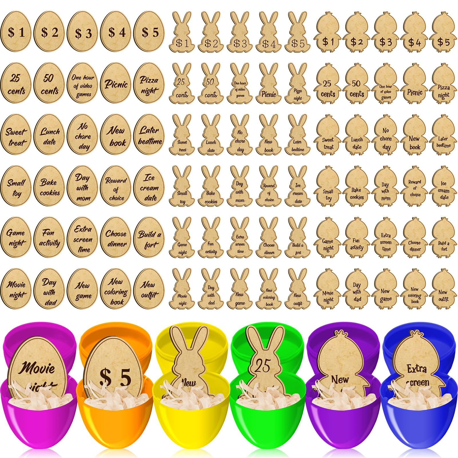 ShinyRelief 90 Pcs Wooden Easter Egg Tokens Easter Basket Stuffers ...