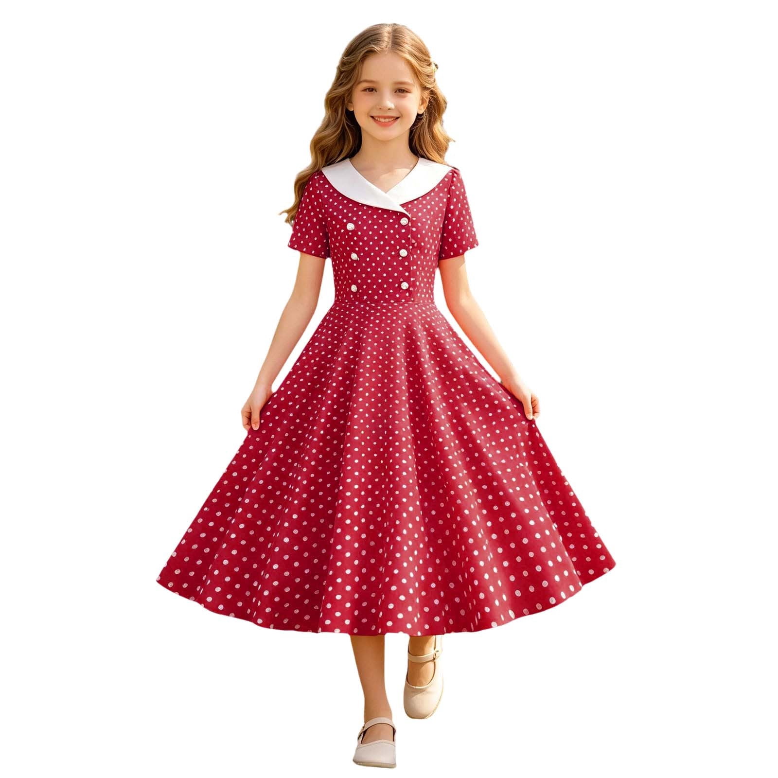 Shinyii Girls Vintage Polka Dots Dress Summer Short Sleeve A Line Party ...