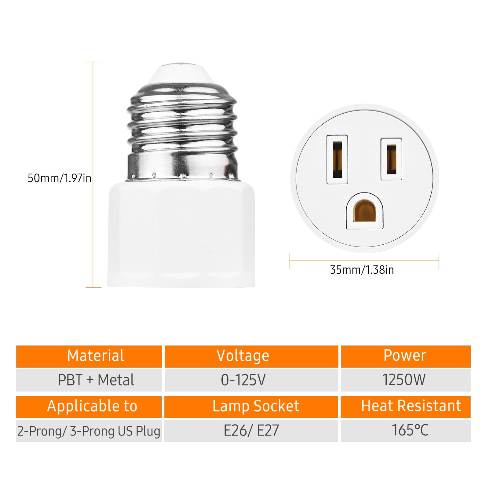 Shinysix E26 E27 Light Bulb Socket Adapter, 2 Prong AC Outlet to Lamp ...
