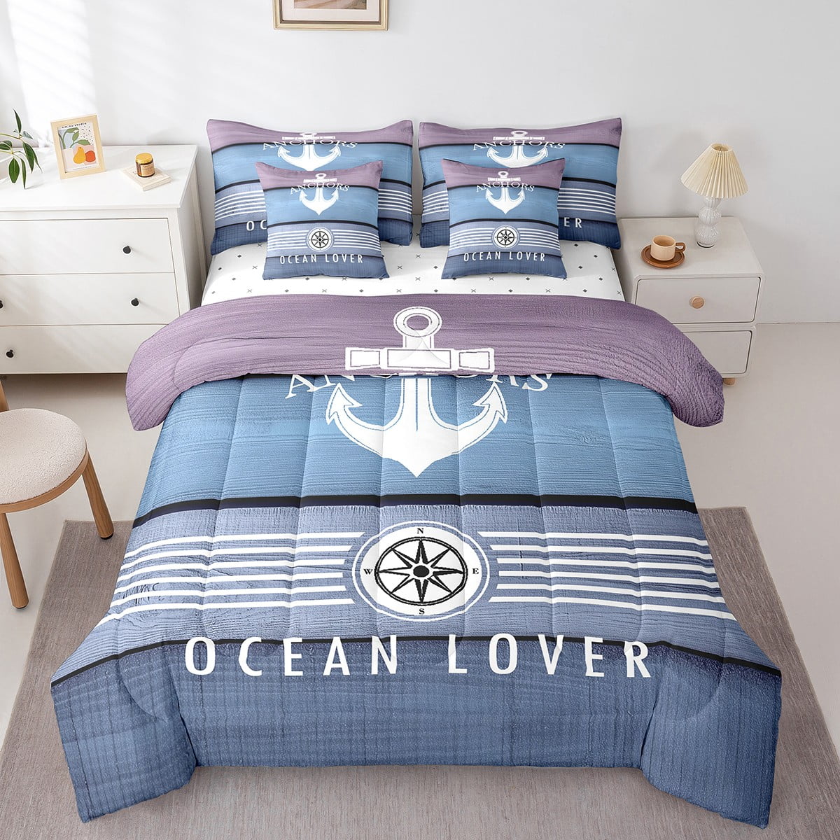 Ship Anchor Bed in a Bag King Size Comforter Set 7 Pieces,Ocean Nautical Bedding Set Wheel ...