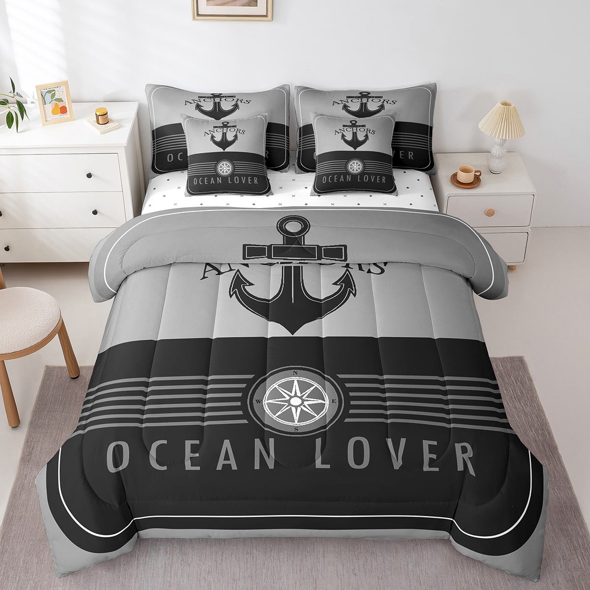 Ship Anchor Bed in a Bag Queen Comforter Set 7 Piece,Ocean Nautical Bedding Set Wheel Compass ...