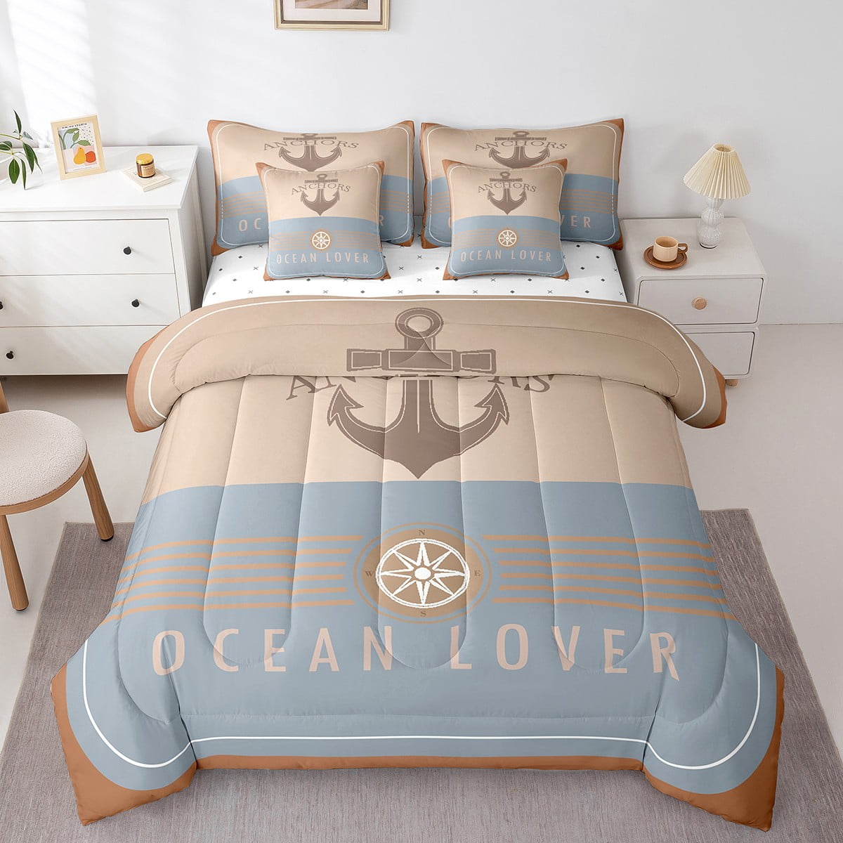 Ship Anchor Bed in a Bag Queen Comforter Set 7 Piece,Ocean Nautical Bedding Set Wheel Compass ...