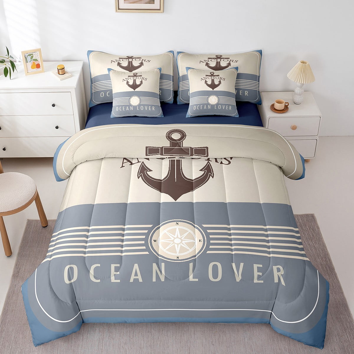 Ship Anchor Bed in a Bag Queen Comforter Set 7 Piece,Ocean Nautical ...