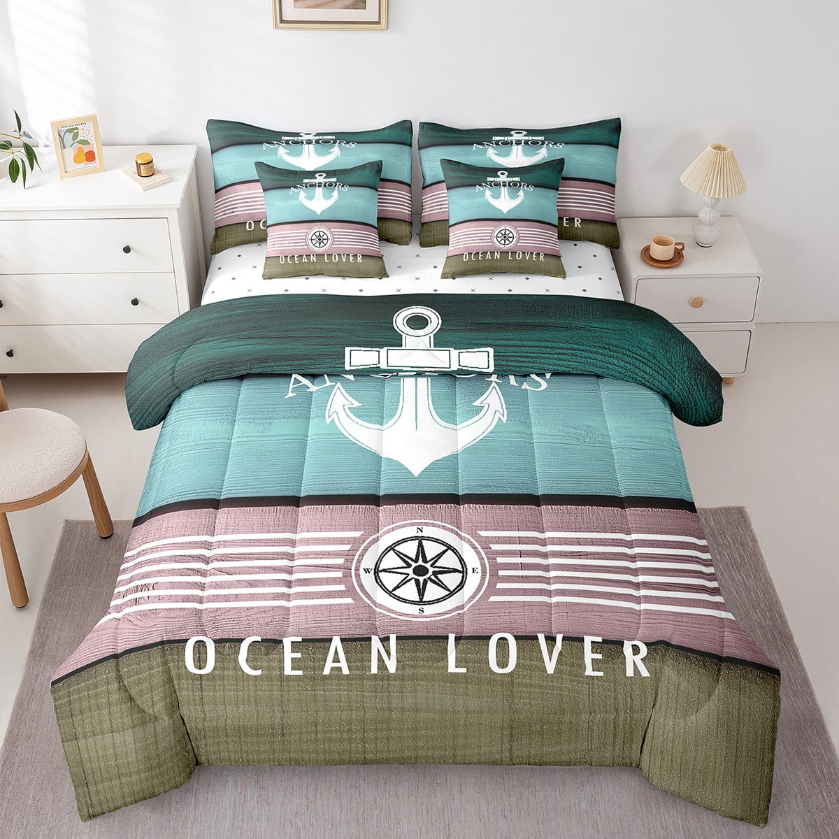 Ship Anchor Bed in a Bag Queen Comforter Set 7 Piece,Ocean Nautical Bedding Set Wheel Compass ...