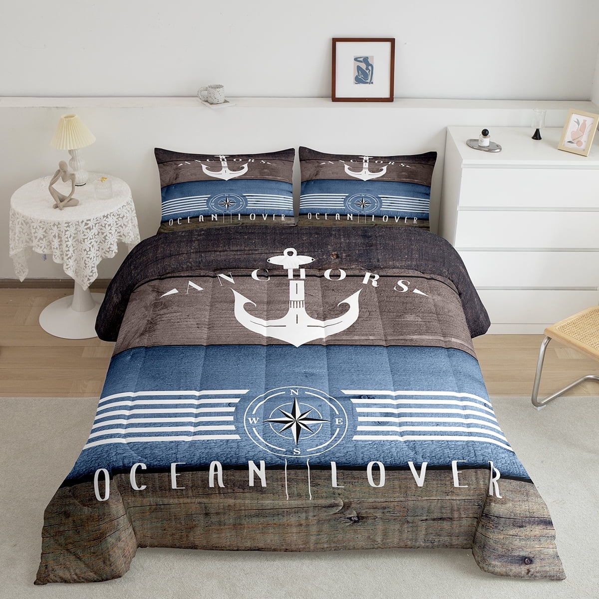 Ship Anchor Bedding Set Nautical Quilt for Men Teens,Wheel Compass ...