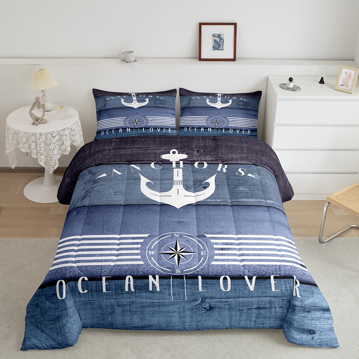 Ship Anchor Bedding Set Nautical Quilt for Men Teens,Wheel Compass ...