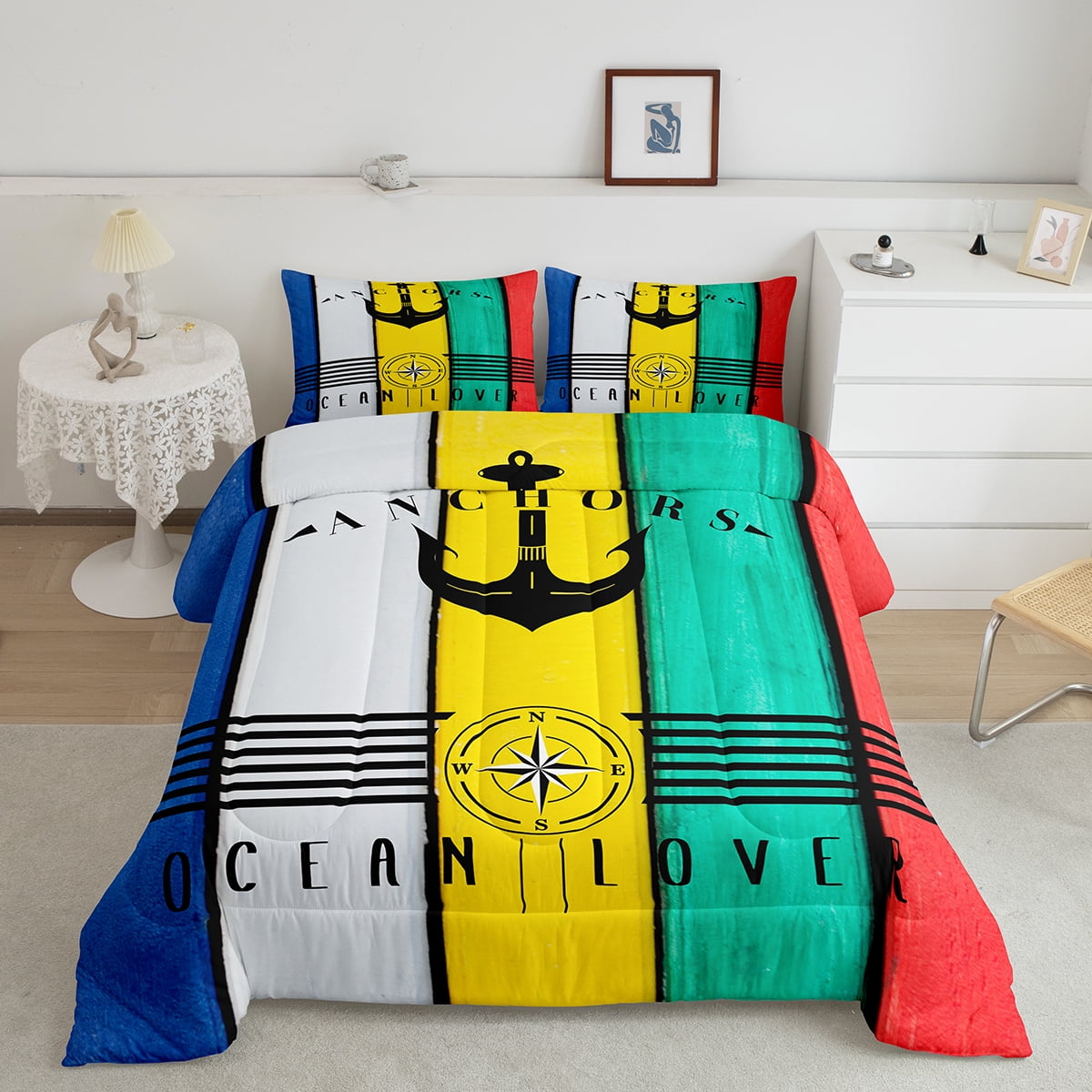 Ship Anchor Bedding Set Nautical Quilt for Men Teens,Wheel Compass ...