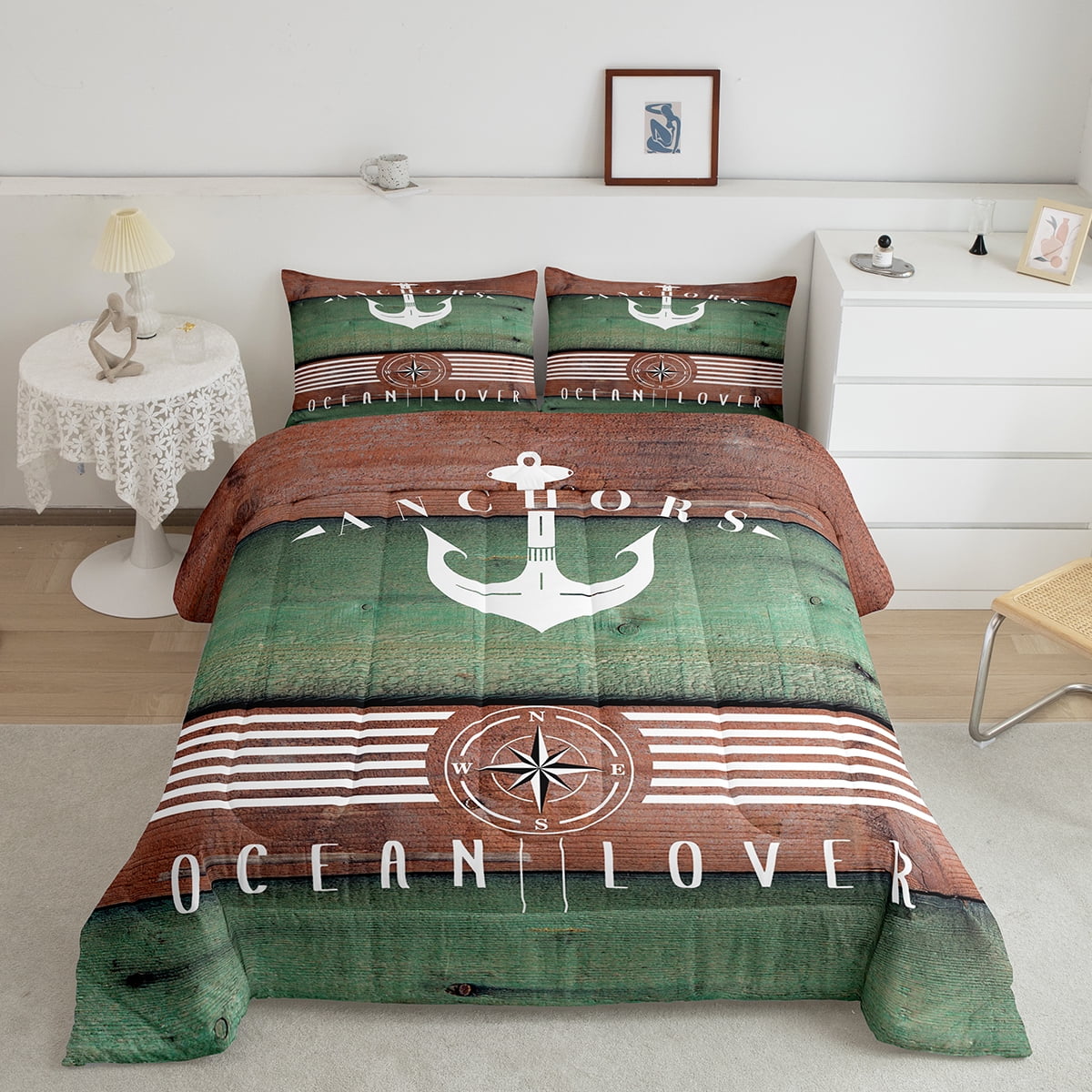 Ship Anchor Bedding Set Nautical Quilt for Men Teens,Wheel Compass ...