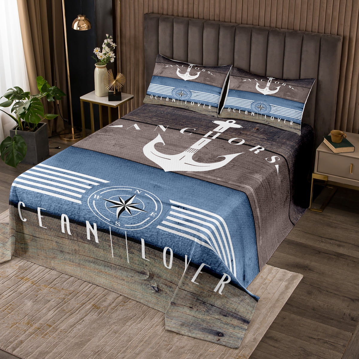 Ship Anchor Bedspread Set Nautical Coverlet Set for Men Teens,Wheel ...
