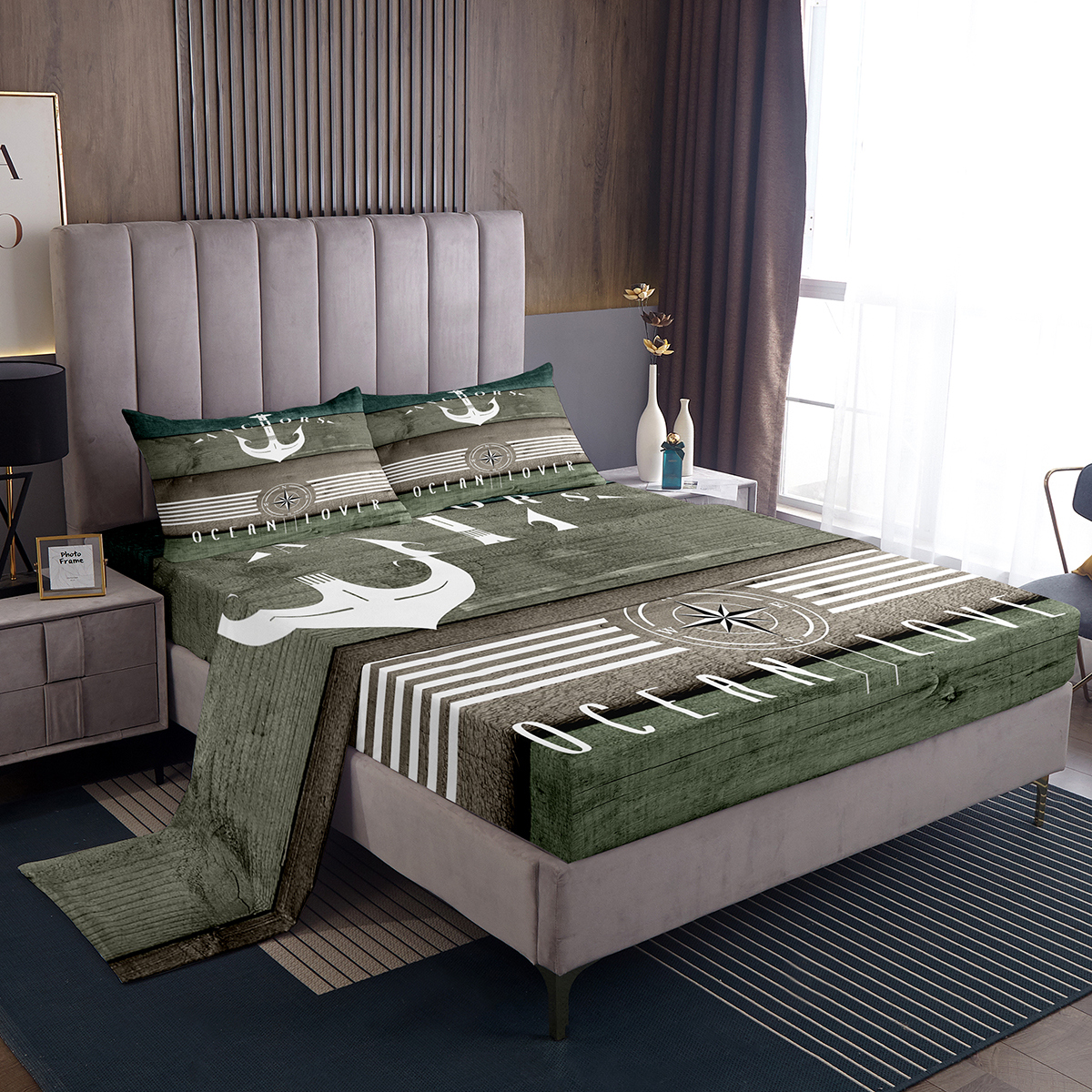 Ship Anchor Sheet Set Nautical Flat Fitted Sheet for Men Teens,Wheel ...