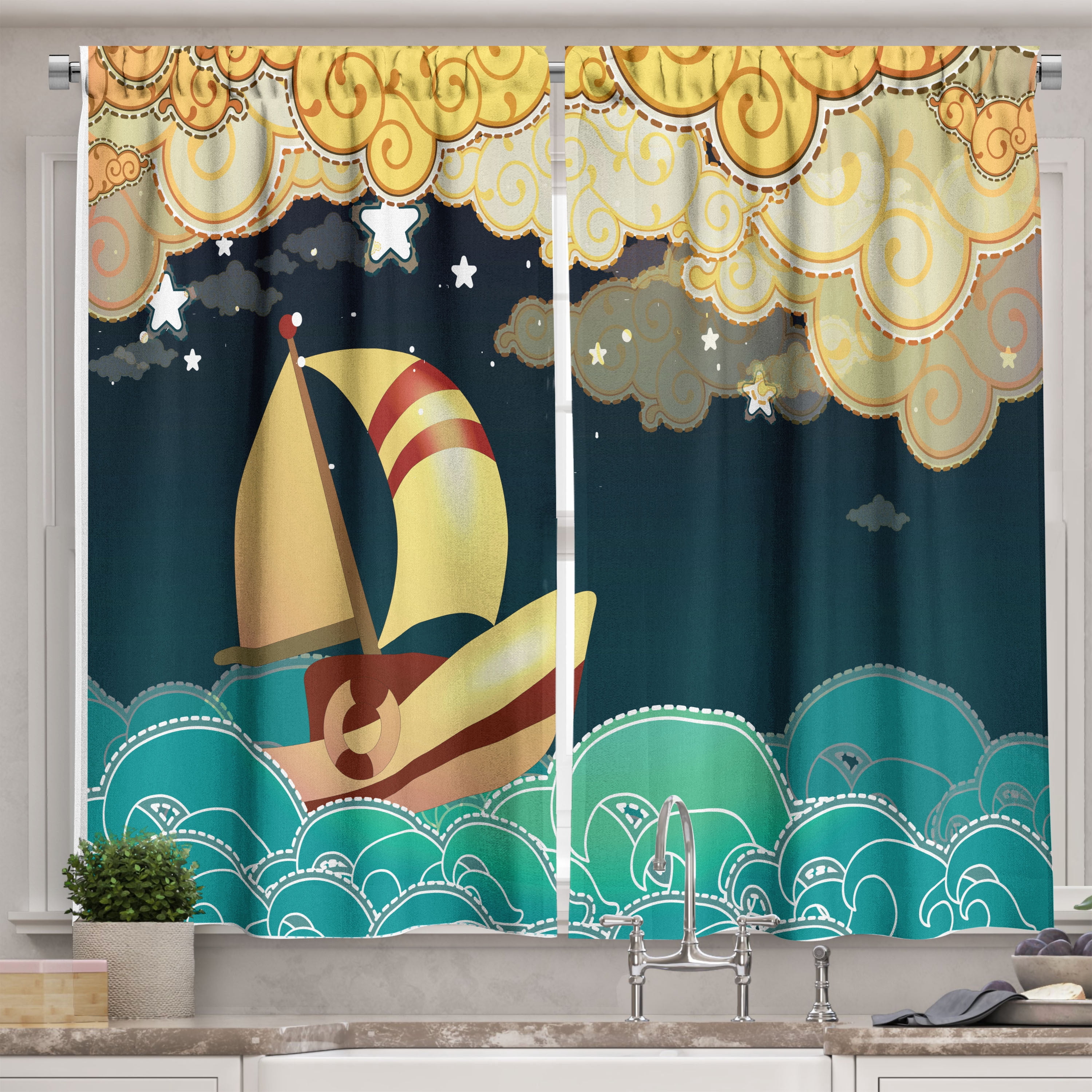 Ship Curtains 2 Panels Set, Kids Fairy Tale Fantasy Illustration ...