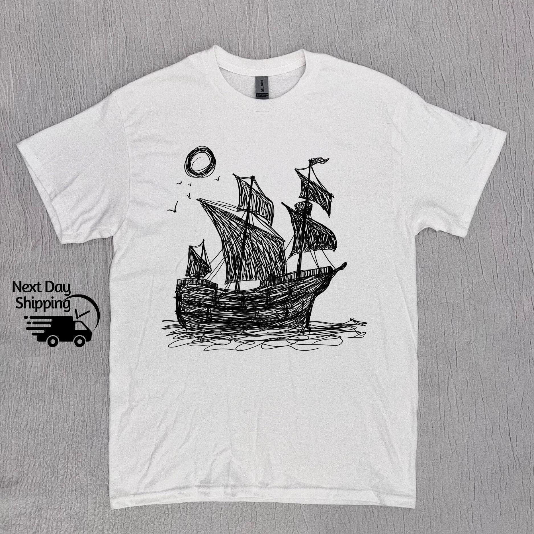 Ship Galleon Illustration 90s Shirt, Retro hand Drawn Ship T-shirt, 90s ...