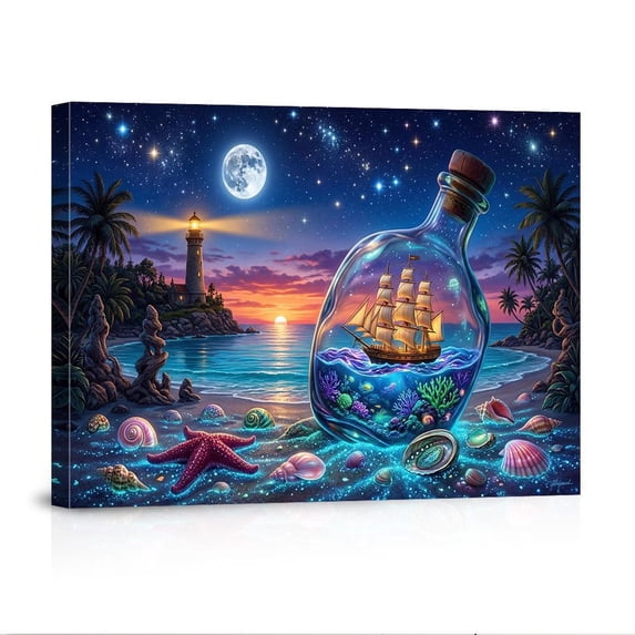 Ship In A Bottle Beach Lighthouse Fantasy Nautical Moonlight Seashell ...