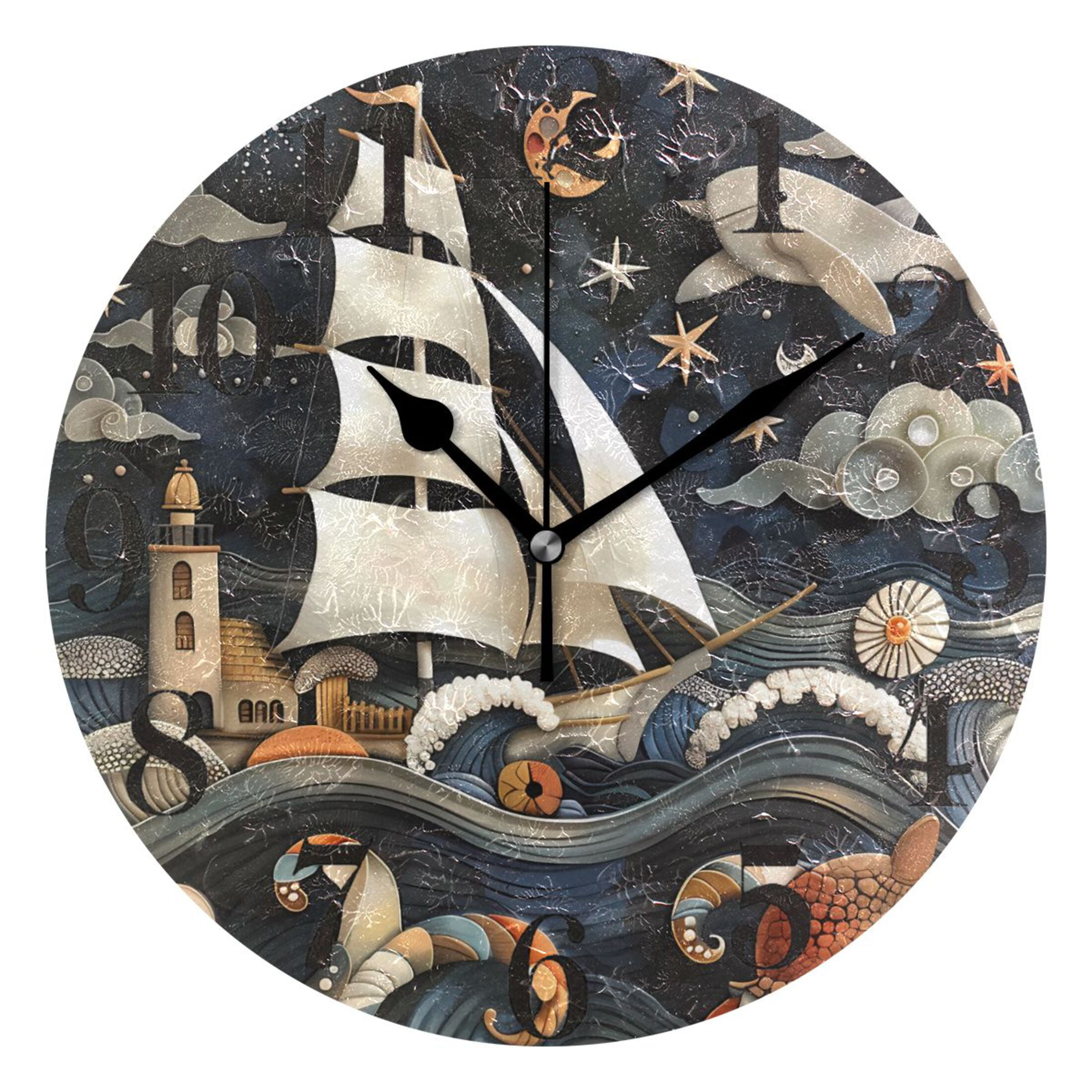Ship Lighthouse Whale Round Wall Clock Battery Operated Silent Non ...