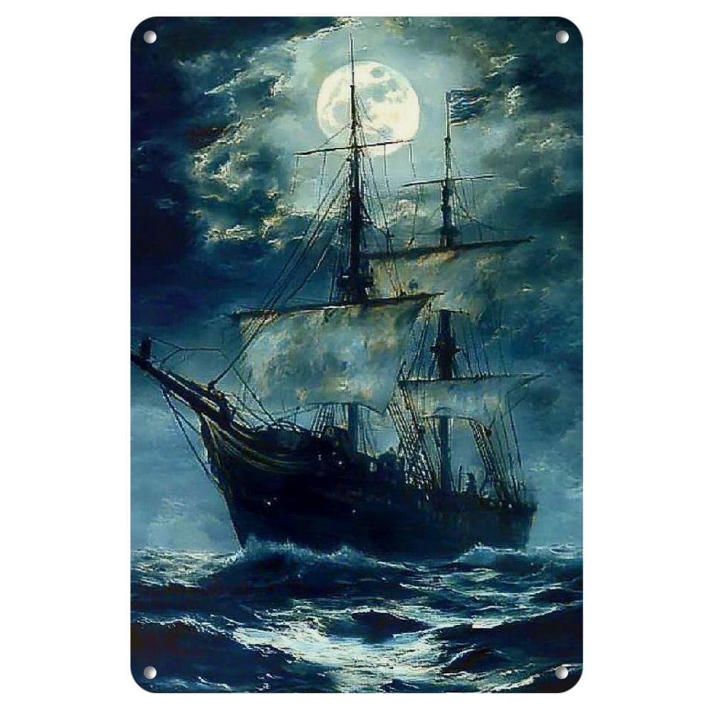 Ship in Moonlight Storm Metal Tin Sign - Gothic Nautical Wall Art with ...
