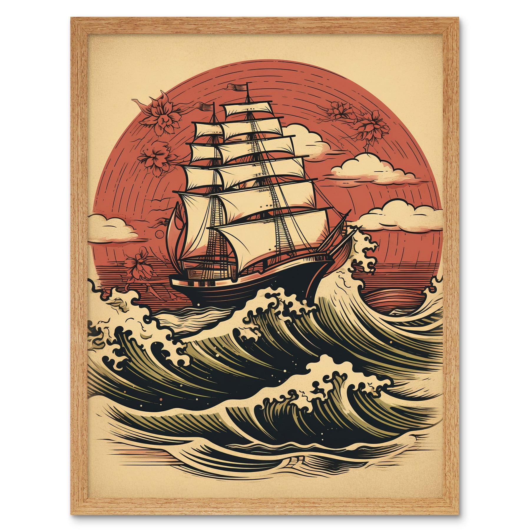Ship Sailing in Rough Sea Waves Retro Rockabilly Americana 50s Art ...