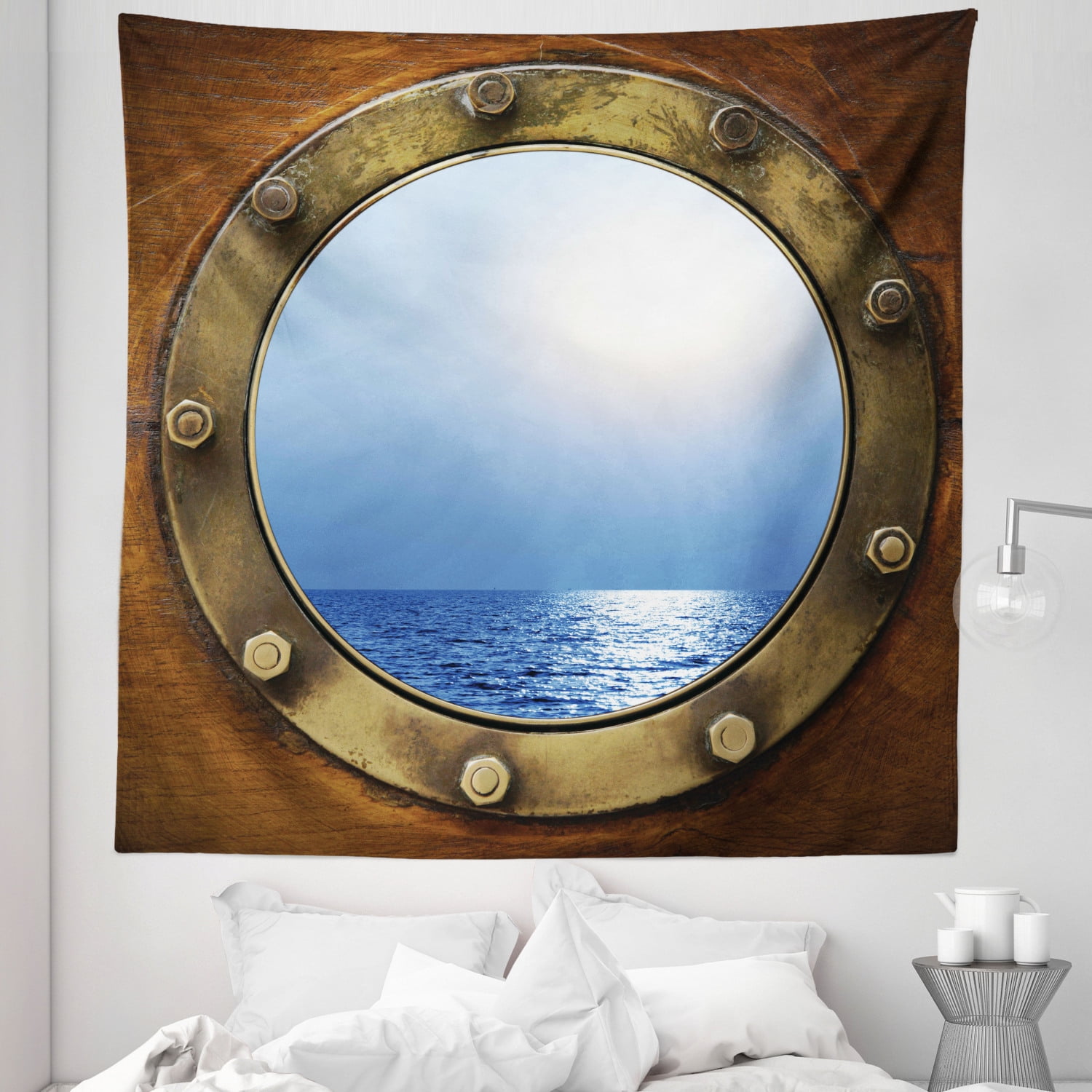 Ship Tapestry, Port Ship Window Themed Design Looking at Ocean Nautical ...