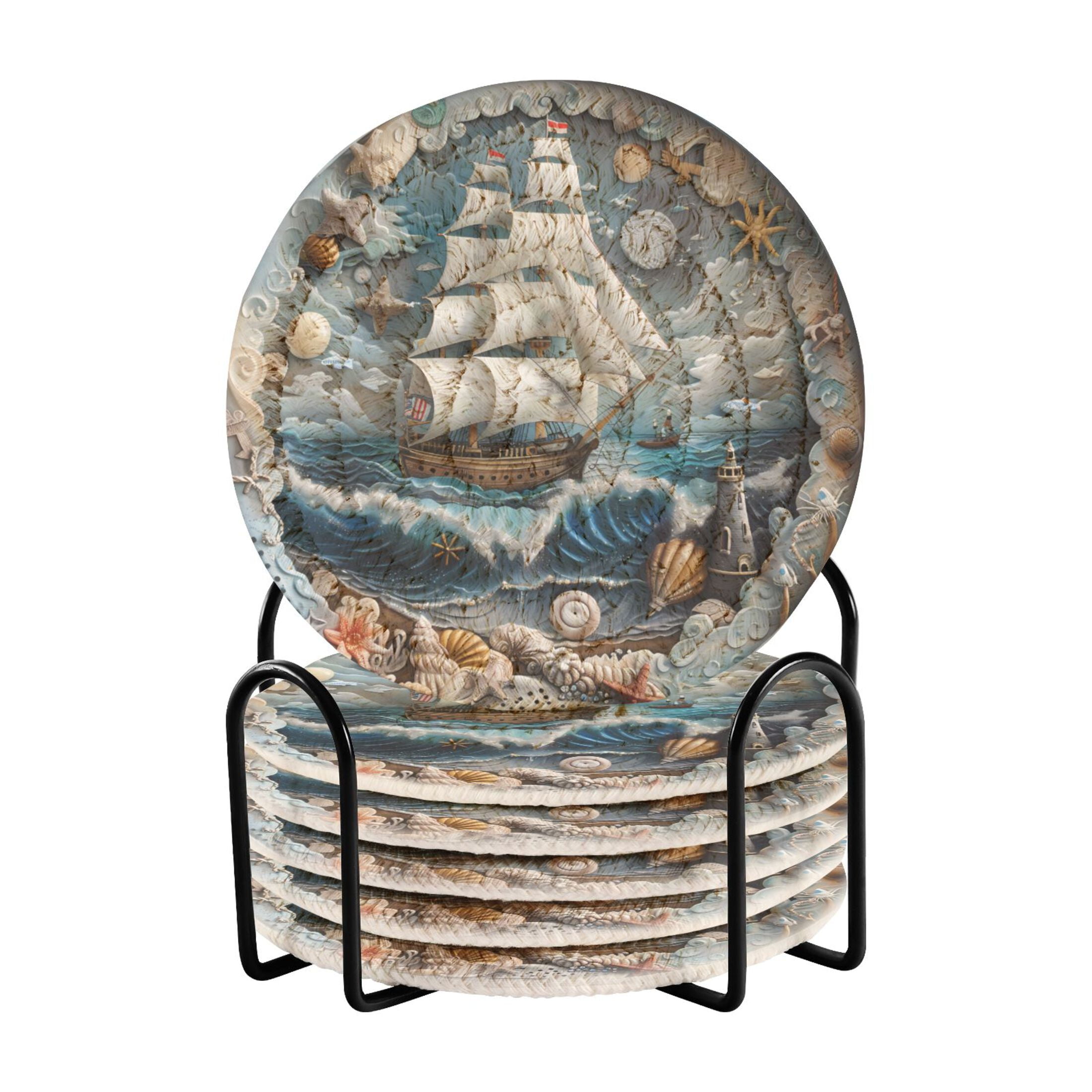Ship on Sea and Shell Coasters with Holder for Coffee Table 6 Pcs Drink ...
