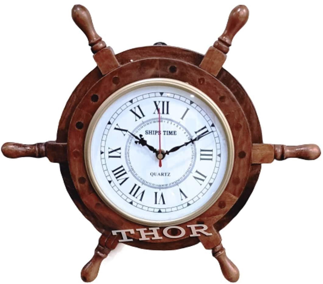 Ship's Time Brown Nautical Wooden Ships Wheel Clock Home Decor 14 ...