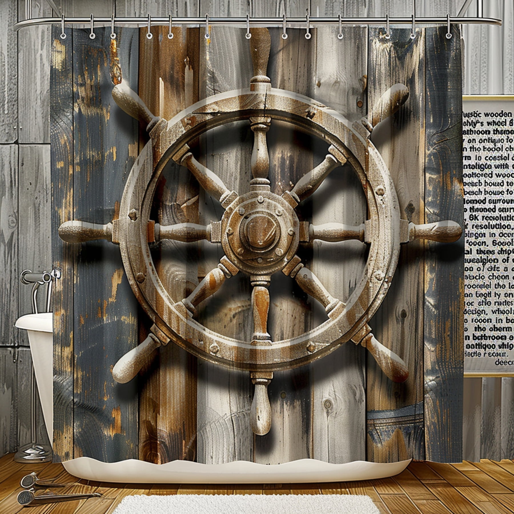 Ship's Wheel Rustic Wooden Shower Curtain Vintage Beach House Decor Boho Theme Coastal Charm ...