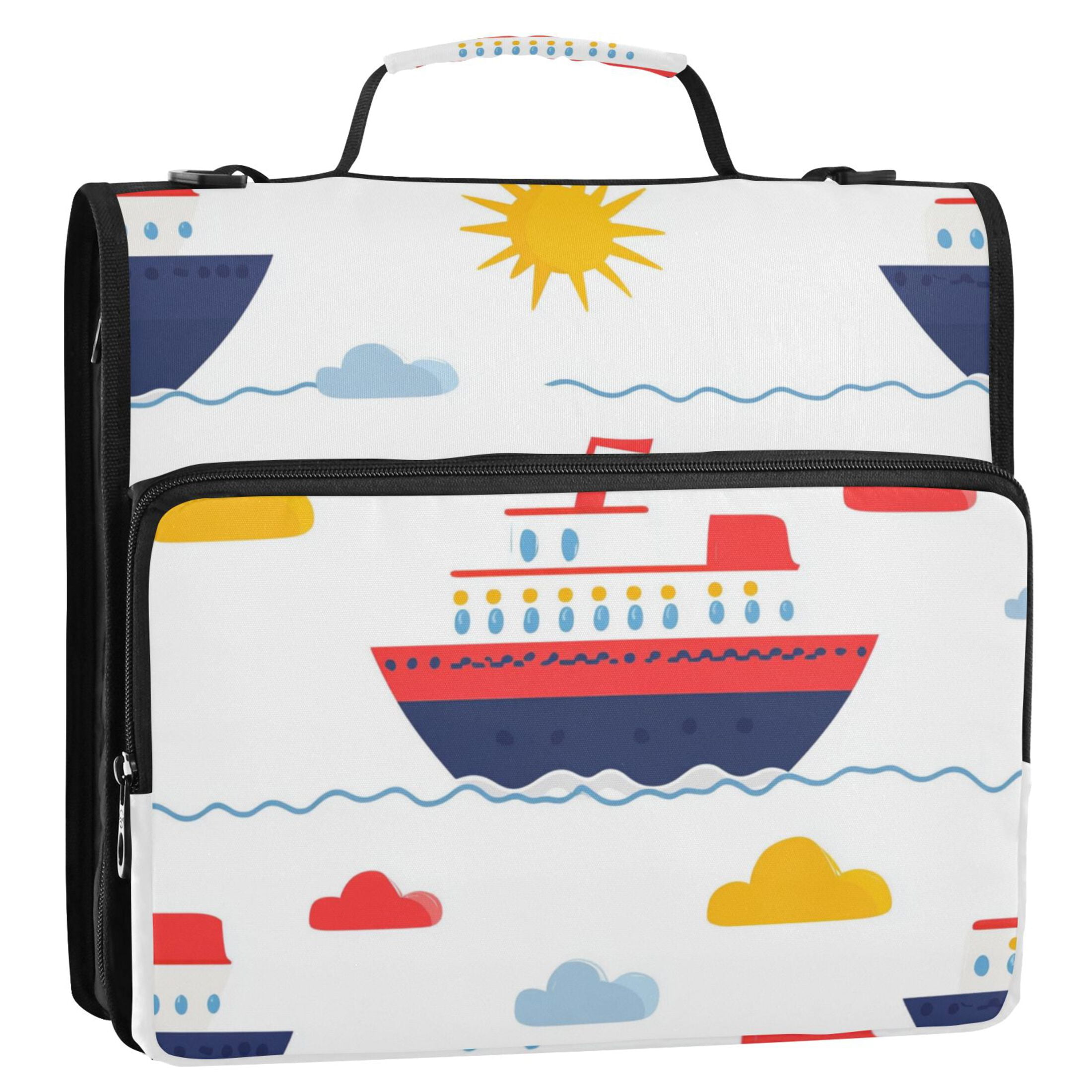 Ships Clouds Sun Cartoon Binder Bag with Shoulder Strap 3 Ring Zipper ...