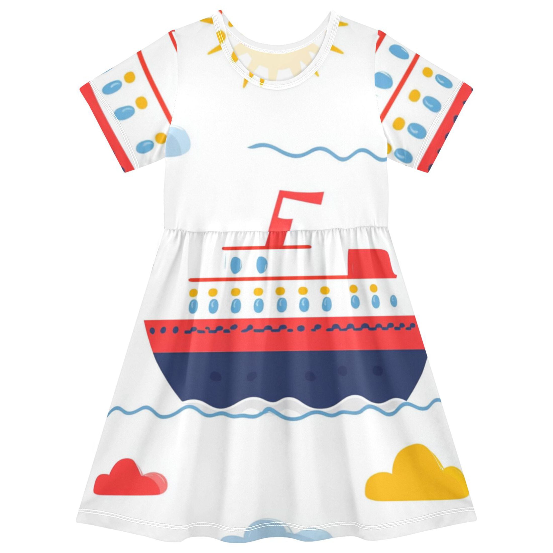 Ships Clouds Sun Cartoon Girls' Short Sleeve Dress A-Line One-Piece ...