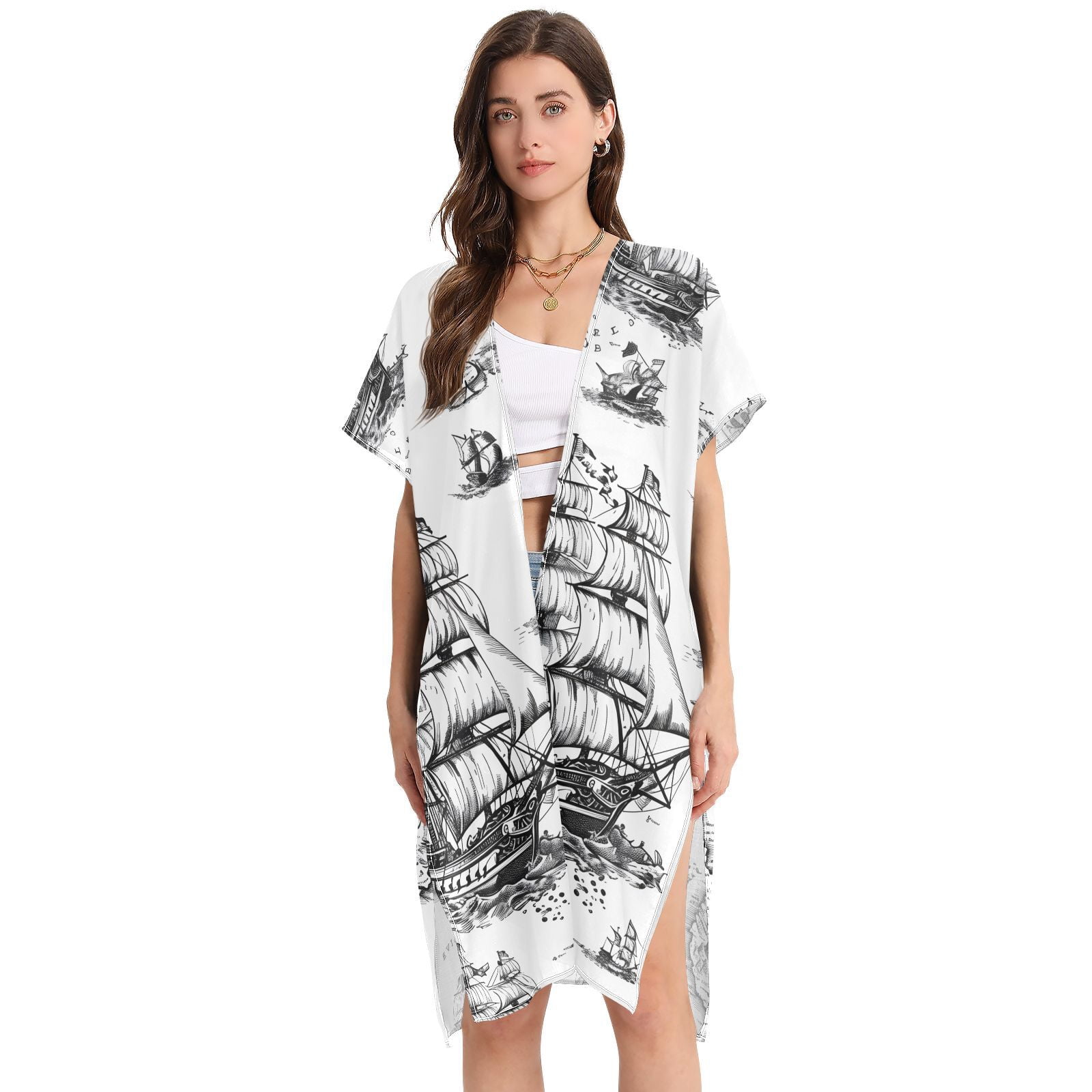 Ships Sailboats Sea Women Swimsuit Cover up V Neck Beach Dress Short ...