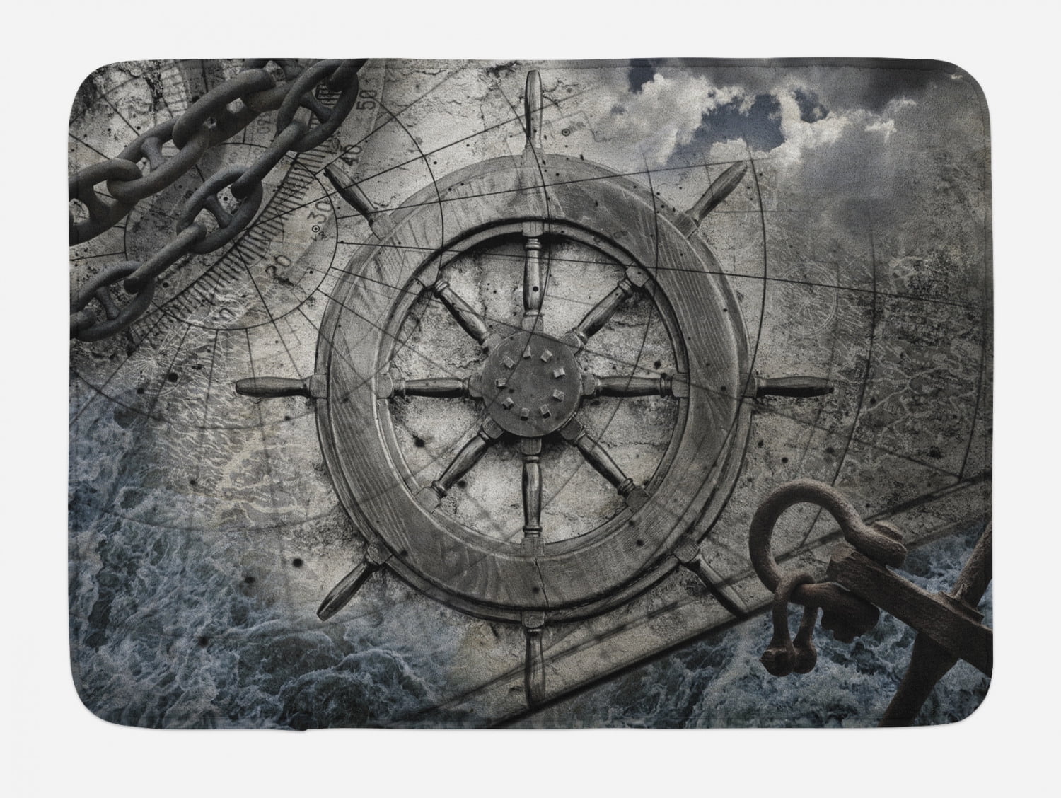 Ships Wheel Bath Mat, Retro Navigation Equipment Illustration with ...