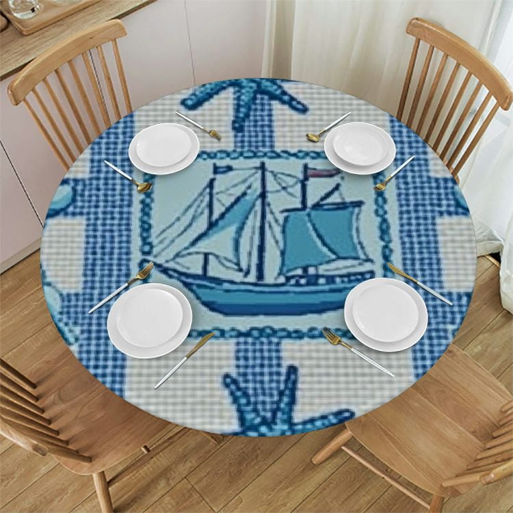 Ships Wheel Decor Round Fitted Table Cover,Ropes Starfish Sailing Ship ...