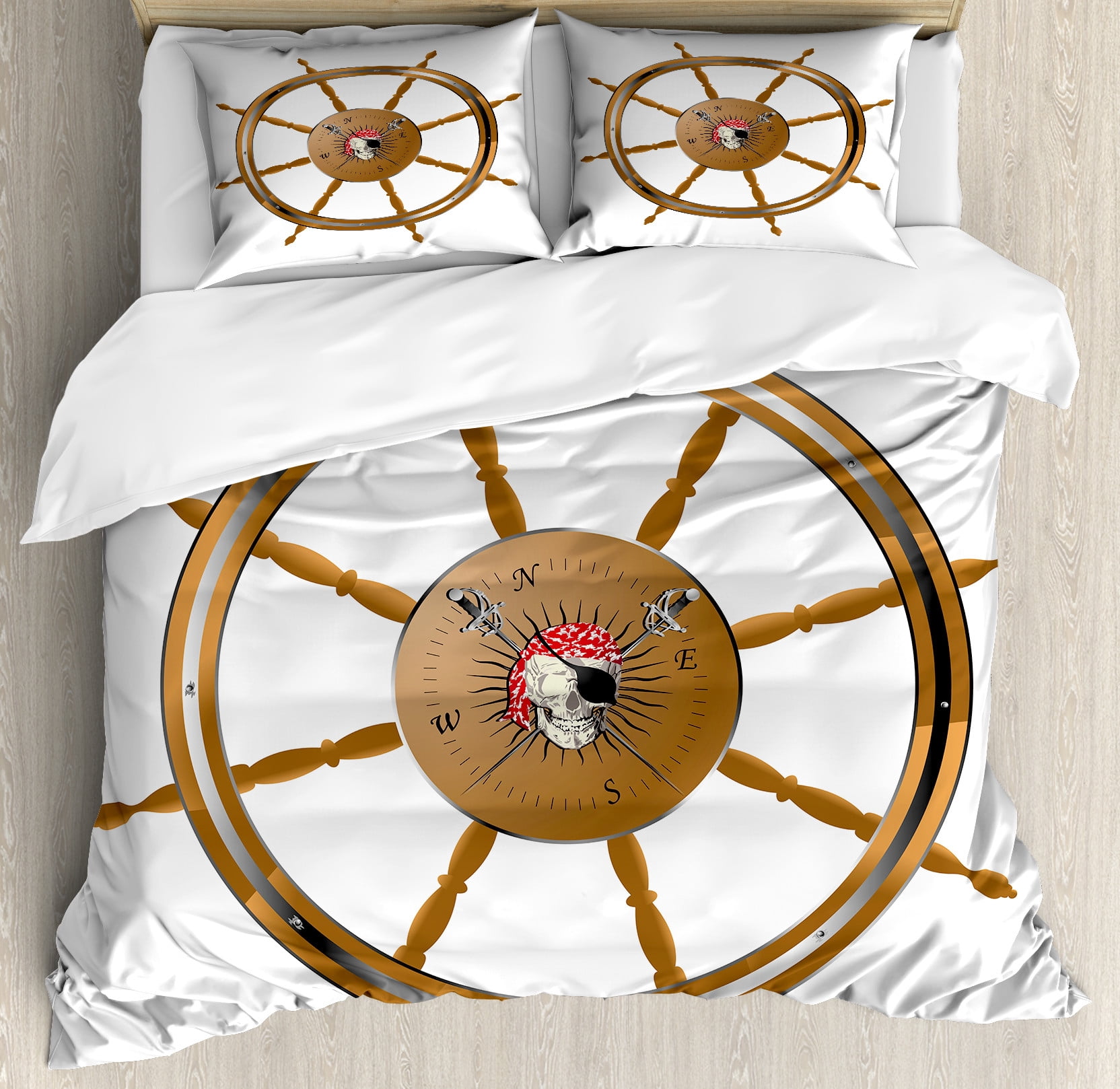 Ships Wheel Duvet Cover Set, Wooden Steering Wheel Image of Pirate ...