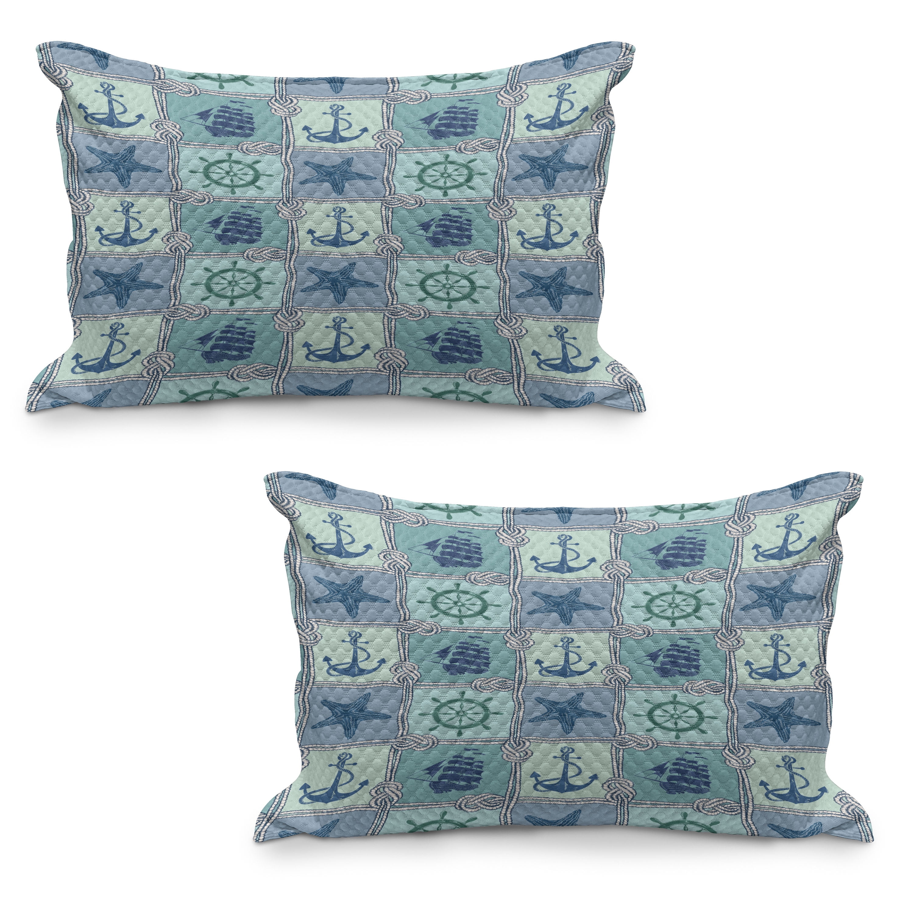 Ships Wheel Quilted Pillowcover Set of 2, Nautical Patchwork Pattern ...
