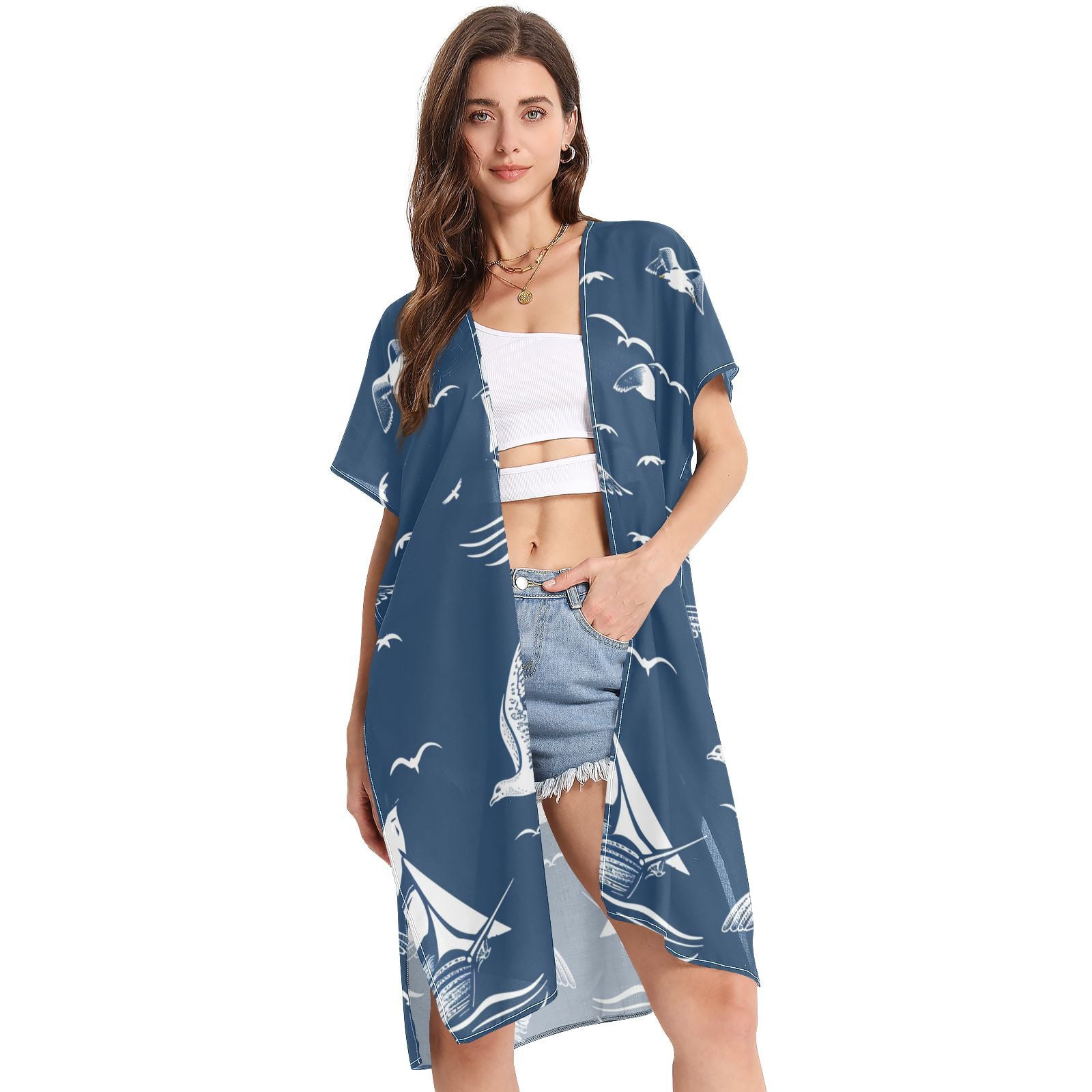 Ships and Birds Women Swimsuit Cover up V Neck Beach Dress Short Sleeve ...