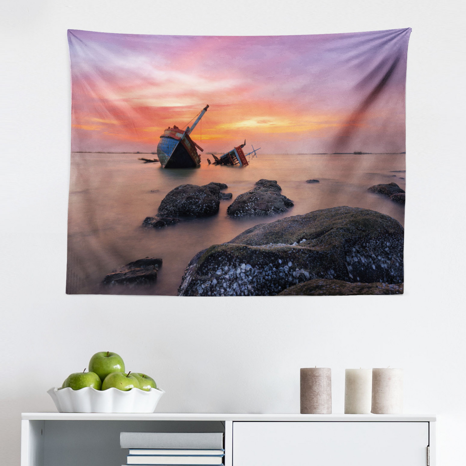 Shipwreck Tapestry, Antique Rusty Pirate Ship Wreck on The Coast in ...