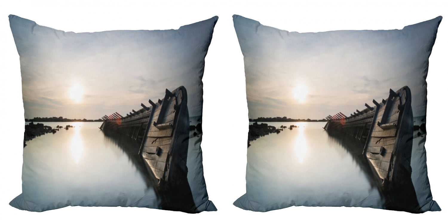 Ambesonne Nautical Throw Pillow Cover 2 Pack, Sinking Boat Sunset, 18 ...
