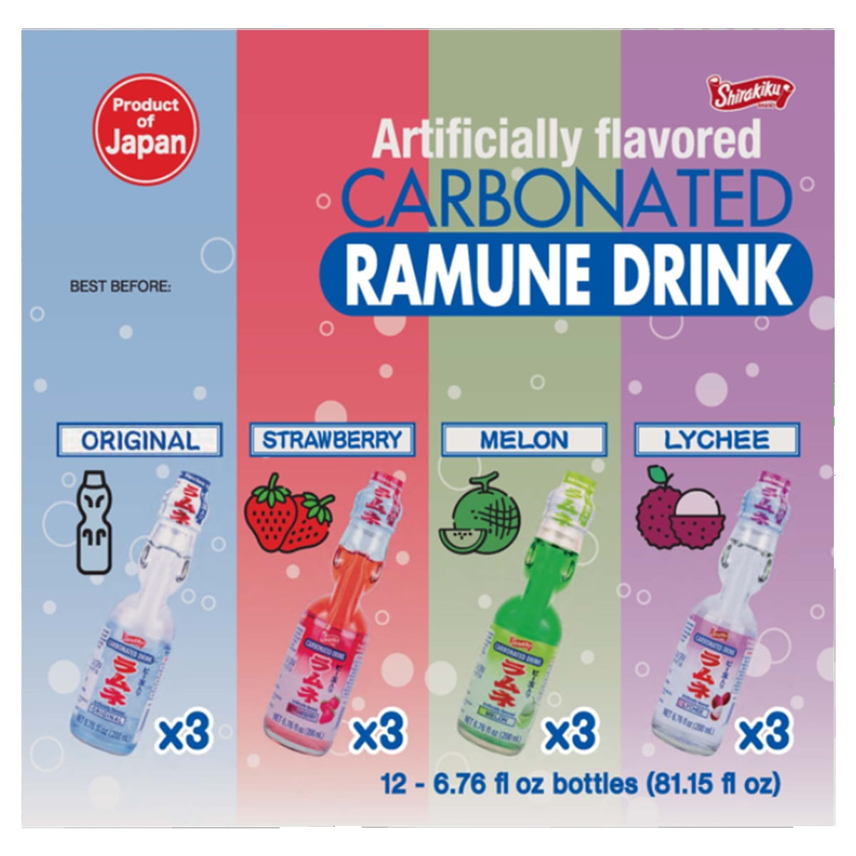Shirakiku Carbonated Ramune Drink, Variety Pack, 6.76 Fluid Ounce (Pack ...