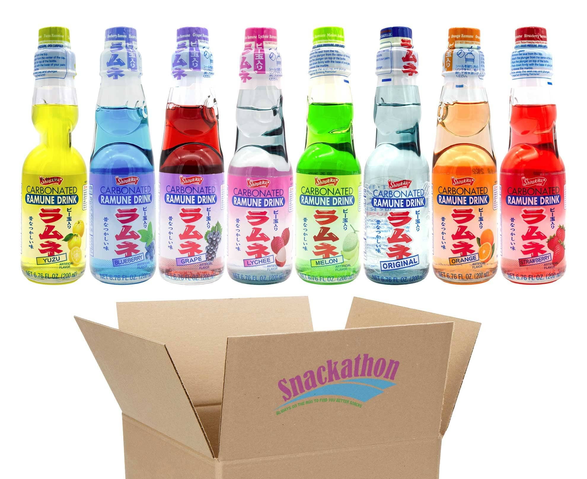 Shirakiku Ramune Japanese Soda Variety Pack, 8 Flavors (Original, Strawberry, Blueberry, Melon ...