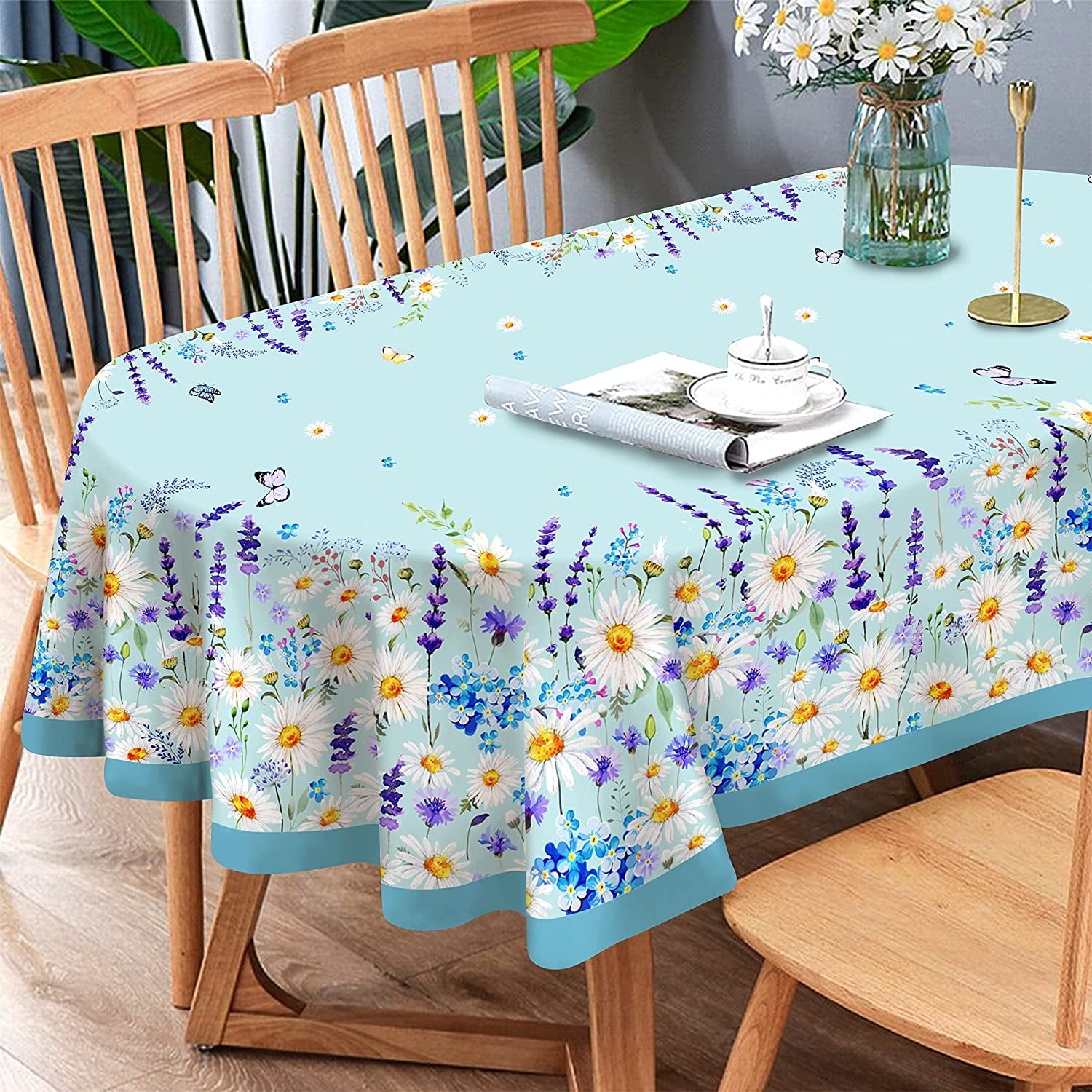 Shirrape Oval Blue Daisy Tablecloth, Floral Butterfly Tablecover, Spring Summer Flower Print ...