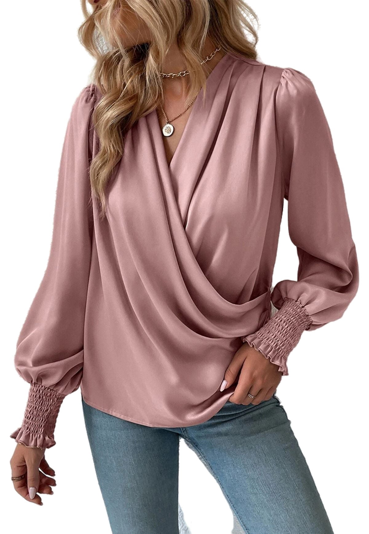 Shirred Cuff Long Sleeve Surplice Neck Faux Wrap Blouse for Women Pink ...