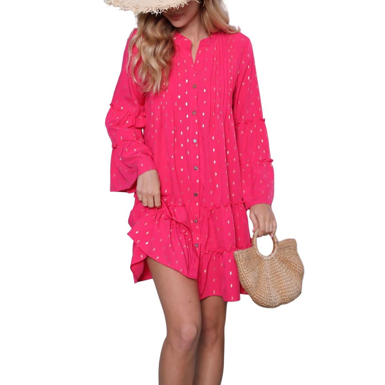 Shirt Dresses For Women 2025, Boho Casual Dresses Sequin Pleated Bell ...