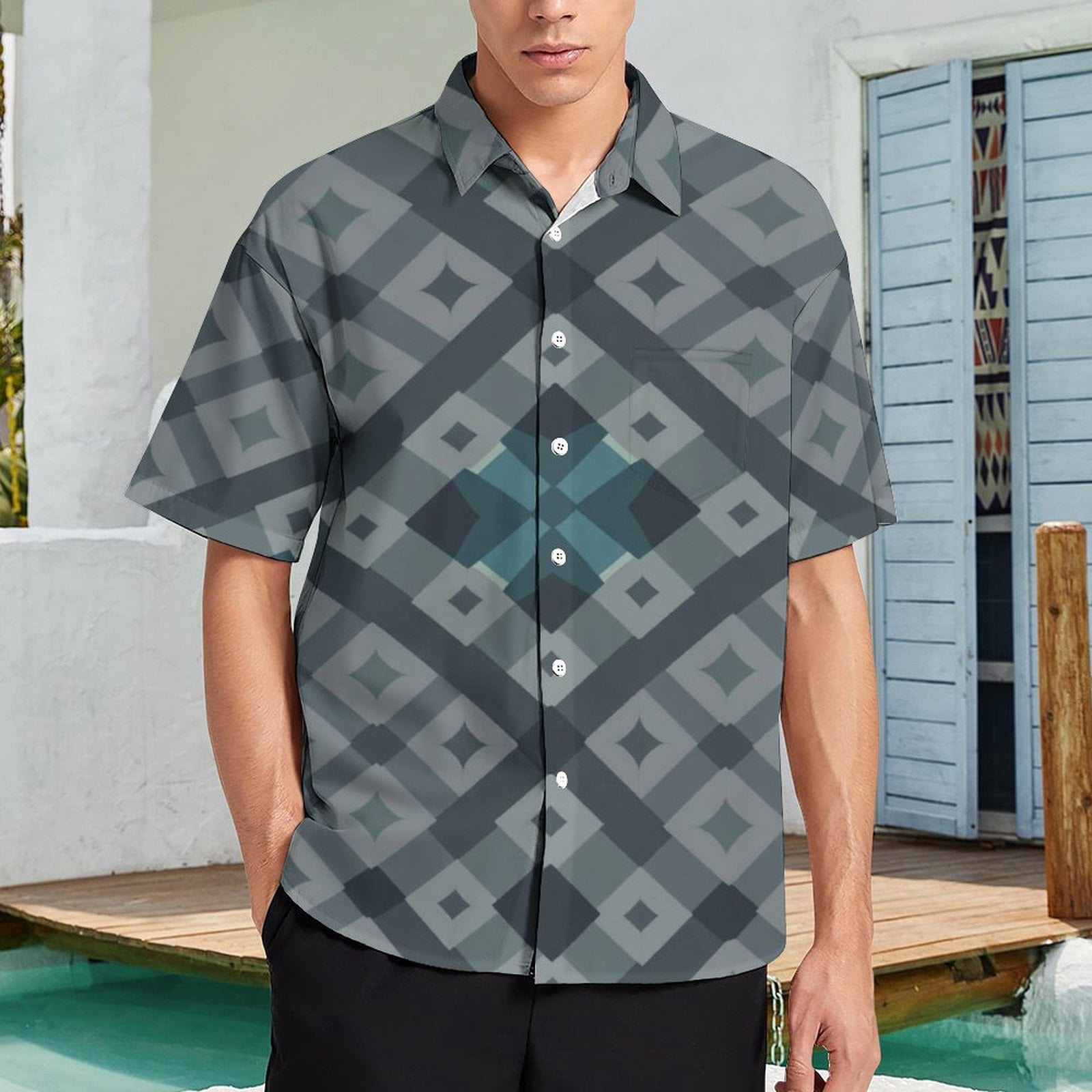 Shirt Man Beach Amond Pattern Vintage Print Casual Shirts Short Sleeve ...
