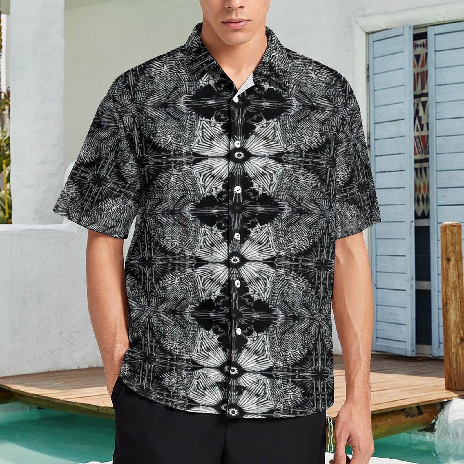 Shirt Man Beach Black White Floral Patterned Textile Design Vintage ...