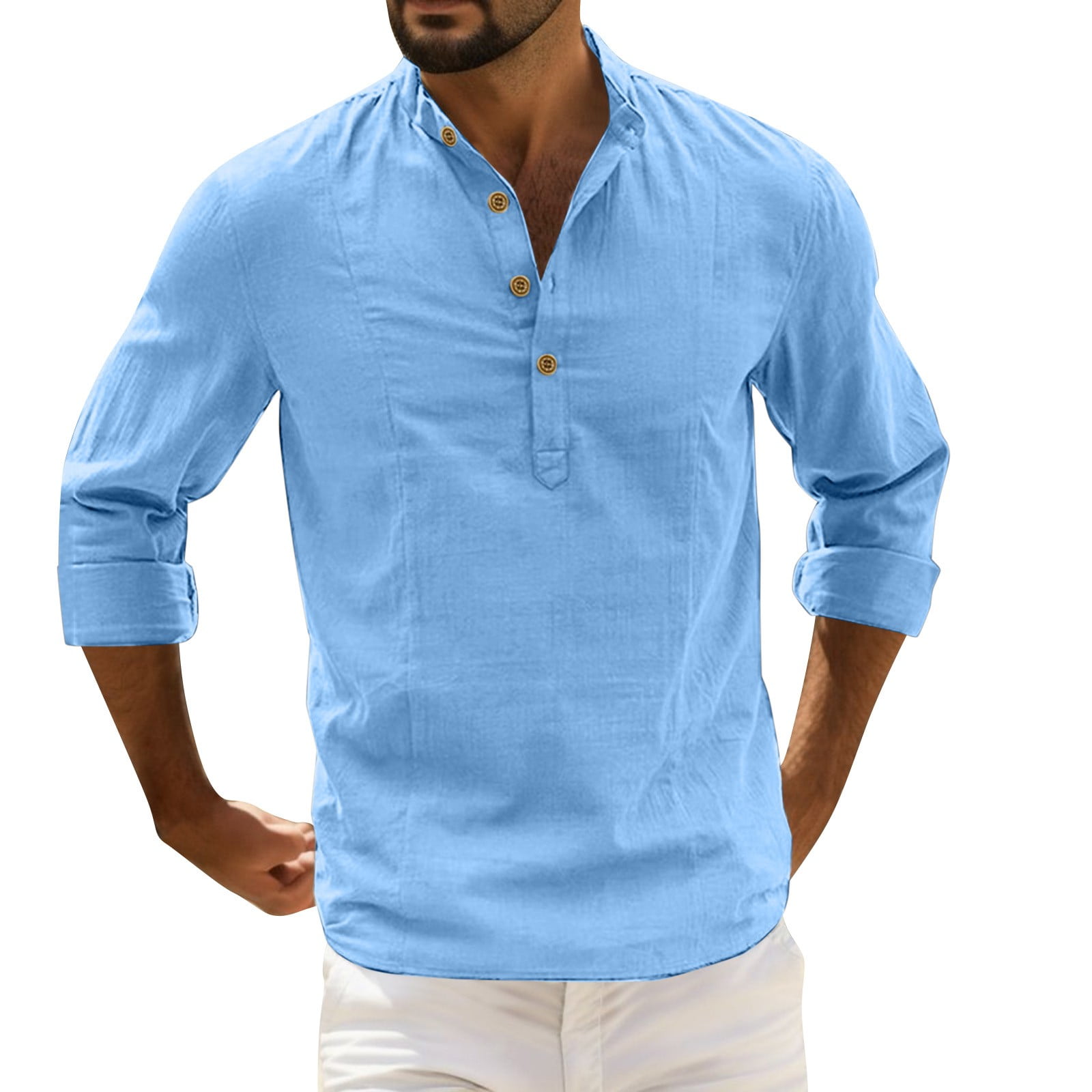 Shirt Men Male Solid Color Stand Long Sleeve Soild Color Inner Button ...