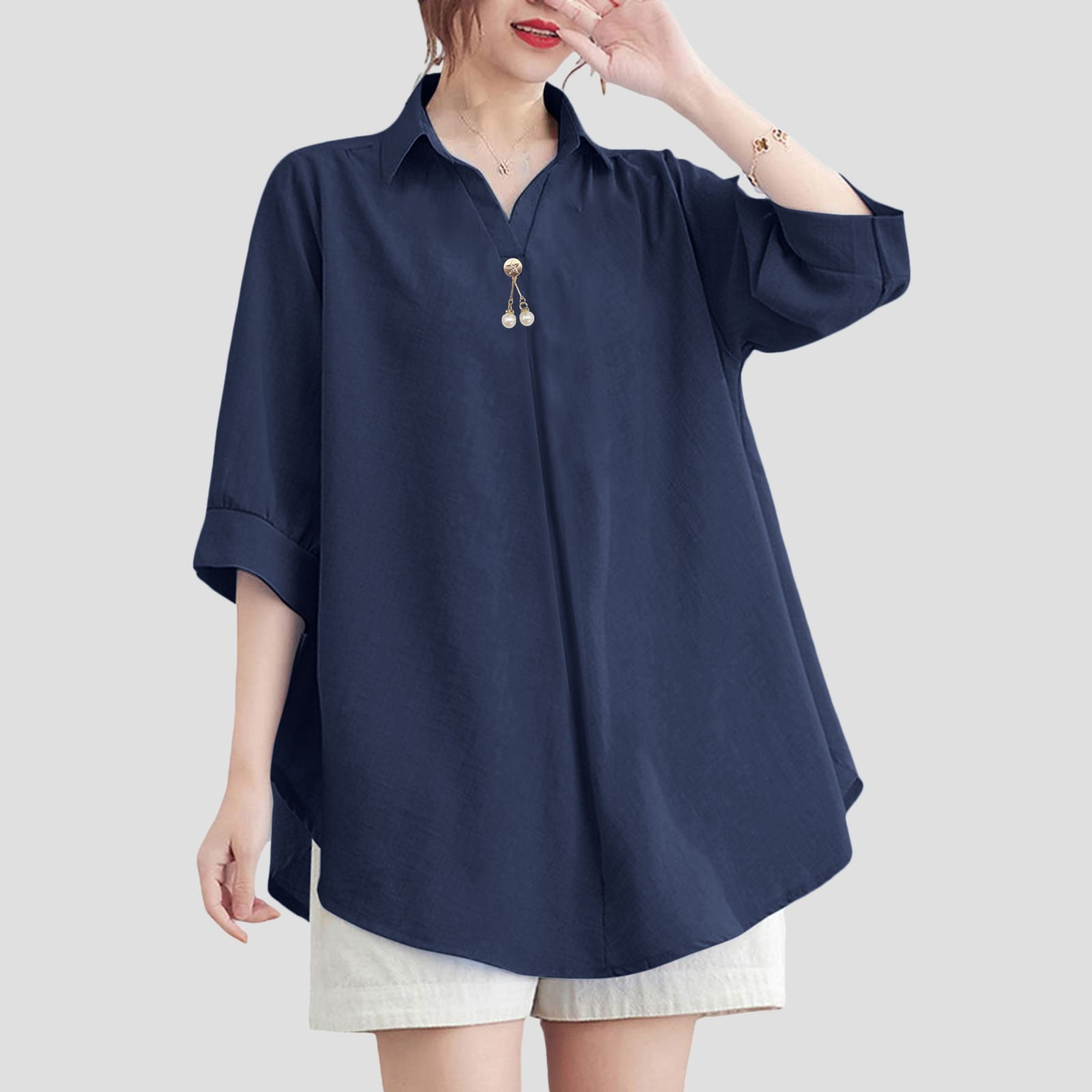Shirt Women's Short Sleeve Summer Loose Plain Color 3/4 Sleeve Thin ...